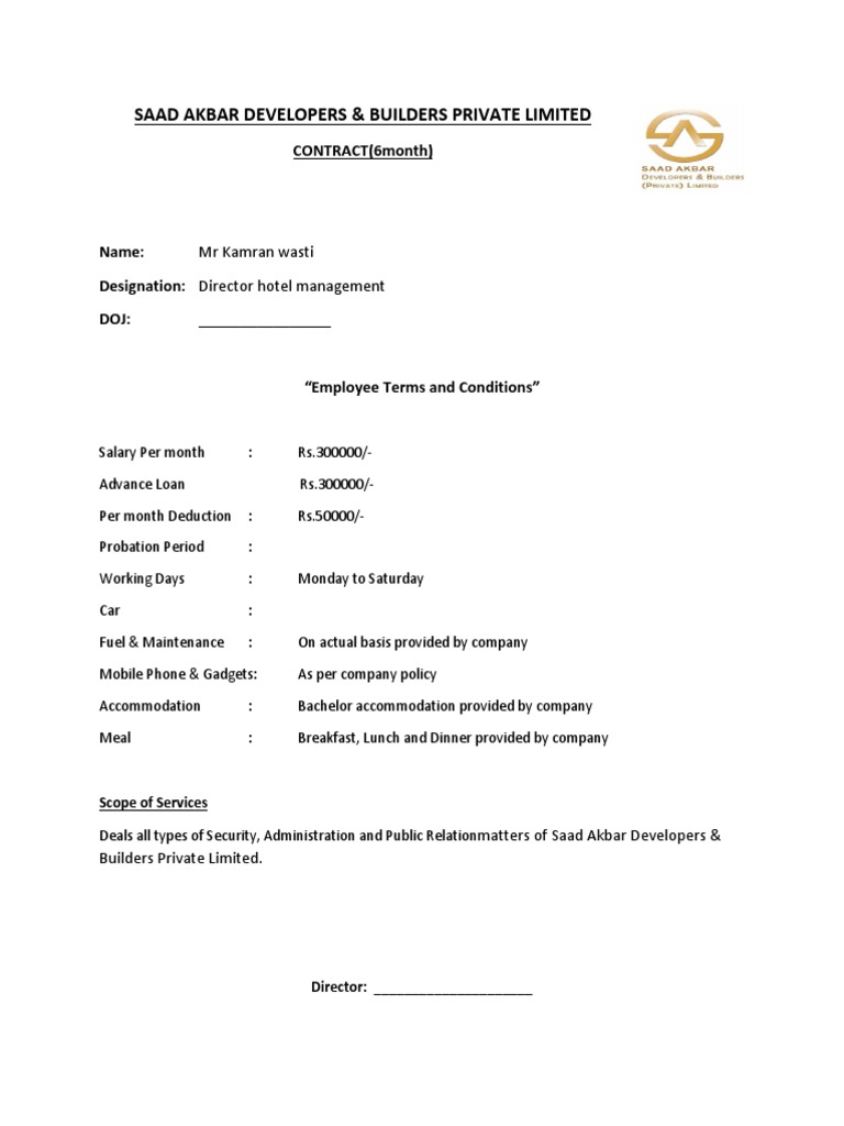 Saad Akbar Developers & Builders Private Limited: CONTRACT (6month) | PDF