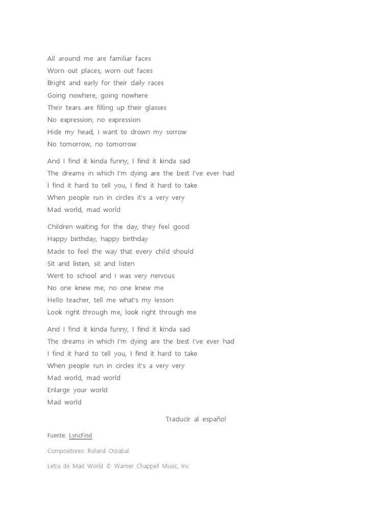 Mad World Lyrics Analysis | PDF | Poetry