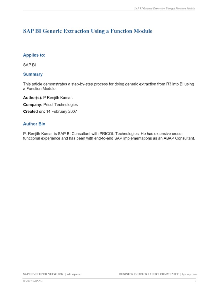 SAP BI Generic Extraction Using A Function Module PDF | PDF