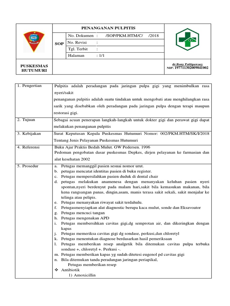 Sop Penanganan Pulpitis | PDF