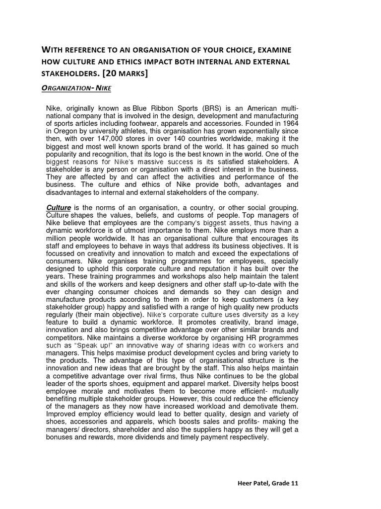 How Nike's Culture and Ethics Impact Stakeholders | PDF | Nike ...
