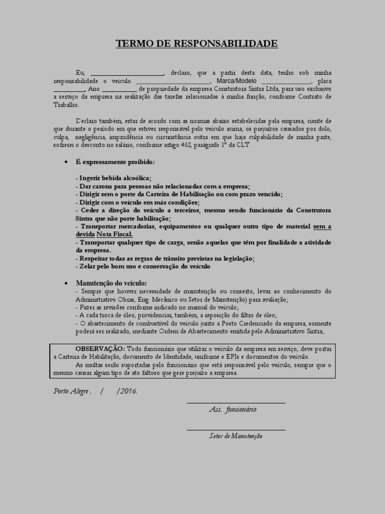Termo Responsabilidade Modelo Padrão Pdf Carteira De Motorista