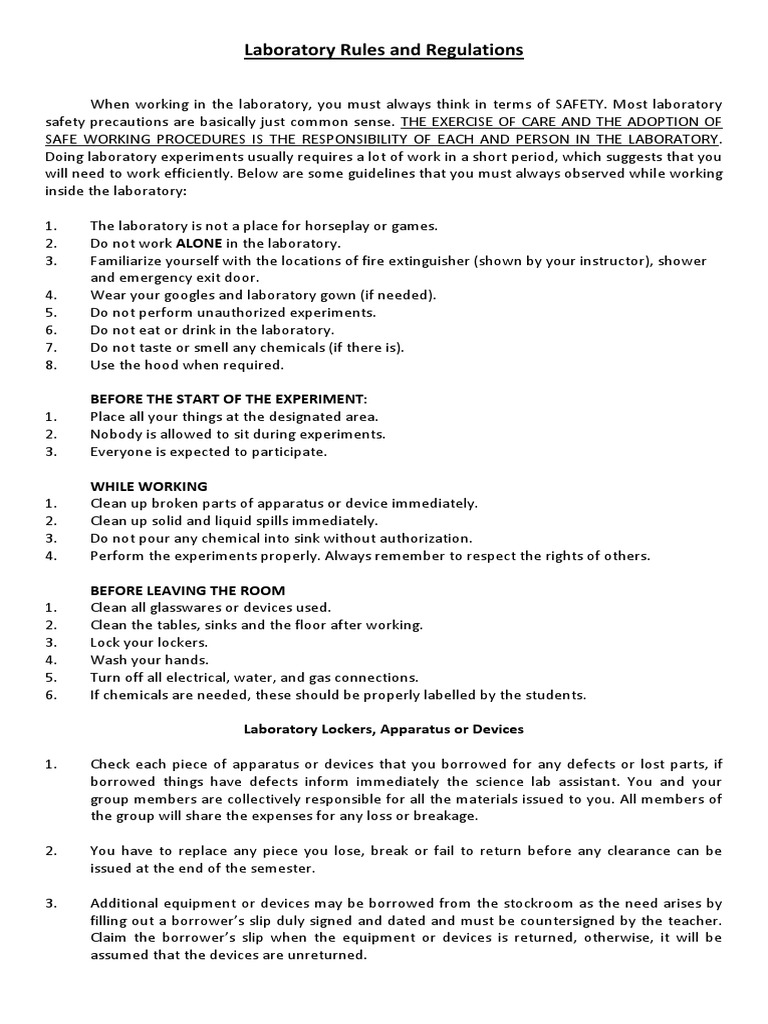 Laboratory Rules and Regulations: Before The Start of The Experiment ...