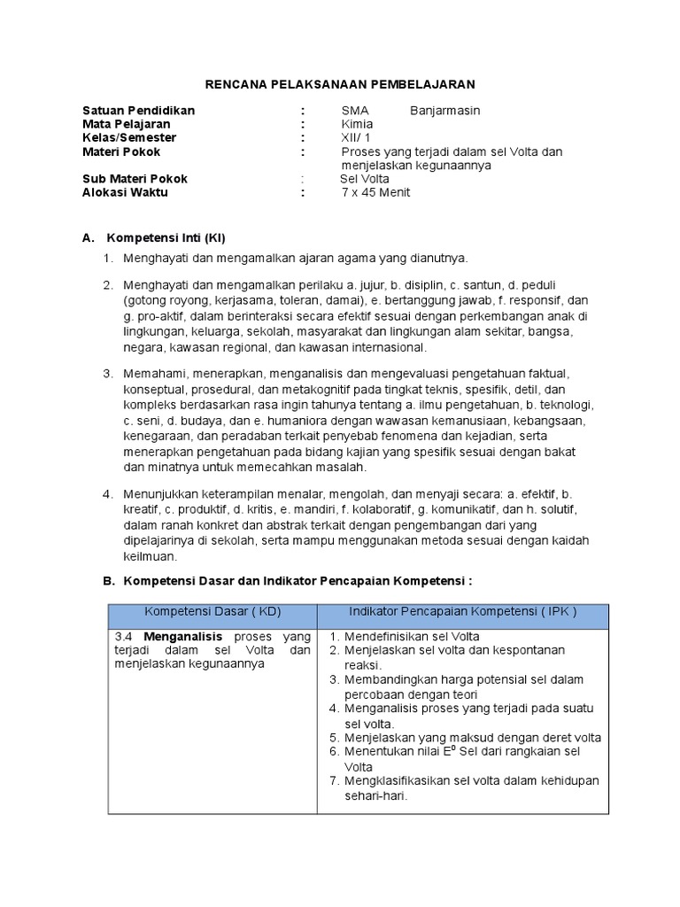 Contoh RPP k13 Rev 2018 Kelas 12 3.4 Sel Volta | PDF
