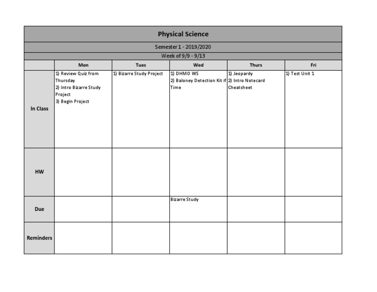 Physical Science Weekly Plan 9/9-9/13 | PDF