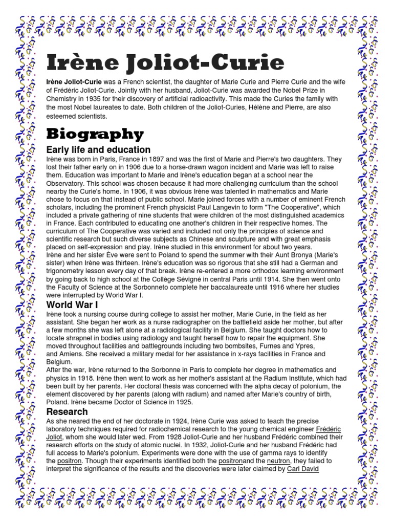 Irène Joliot-Curie: French Scientist and Nobel Prize Winner | PDF ...