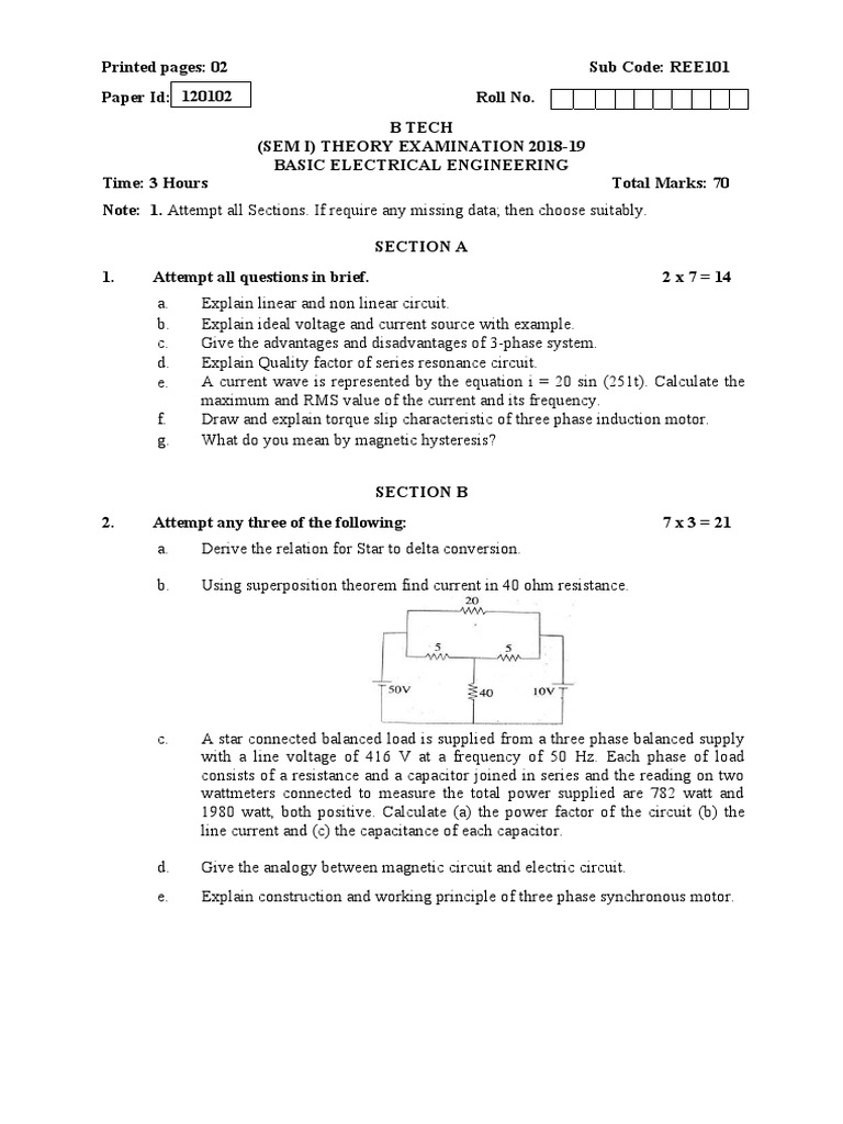 Btech 1 Sem Basic Electrical Engineering Ree 101 2018 19 | PDF | Electrical Network | Capacitor