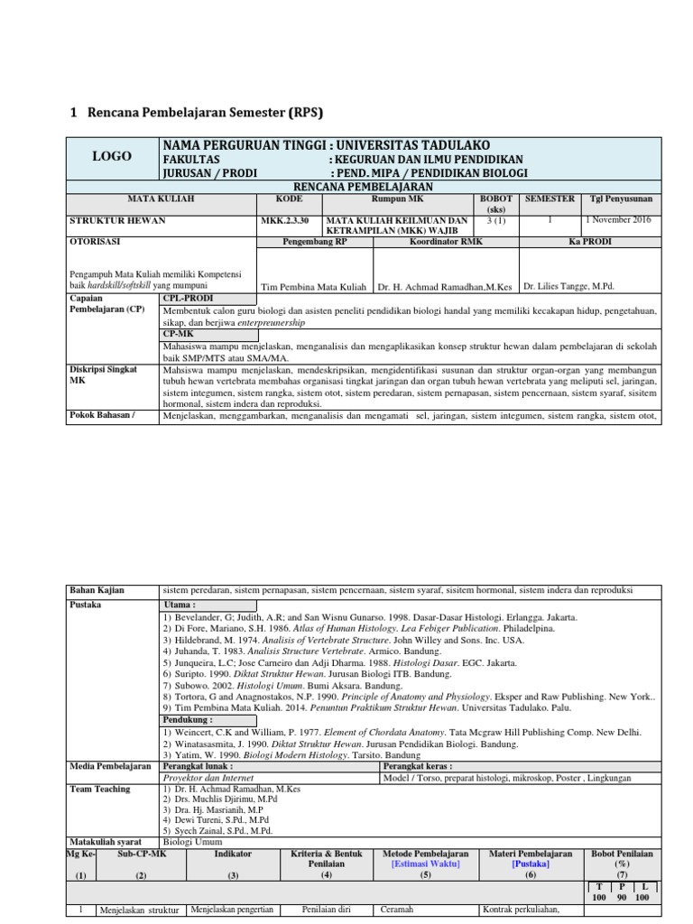 RPS MK Struktur Hewan | PDF