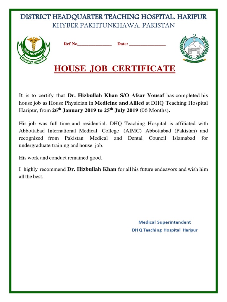 House Job Certificate: District Headquarter Teaching Hospital. Haripur ...