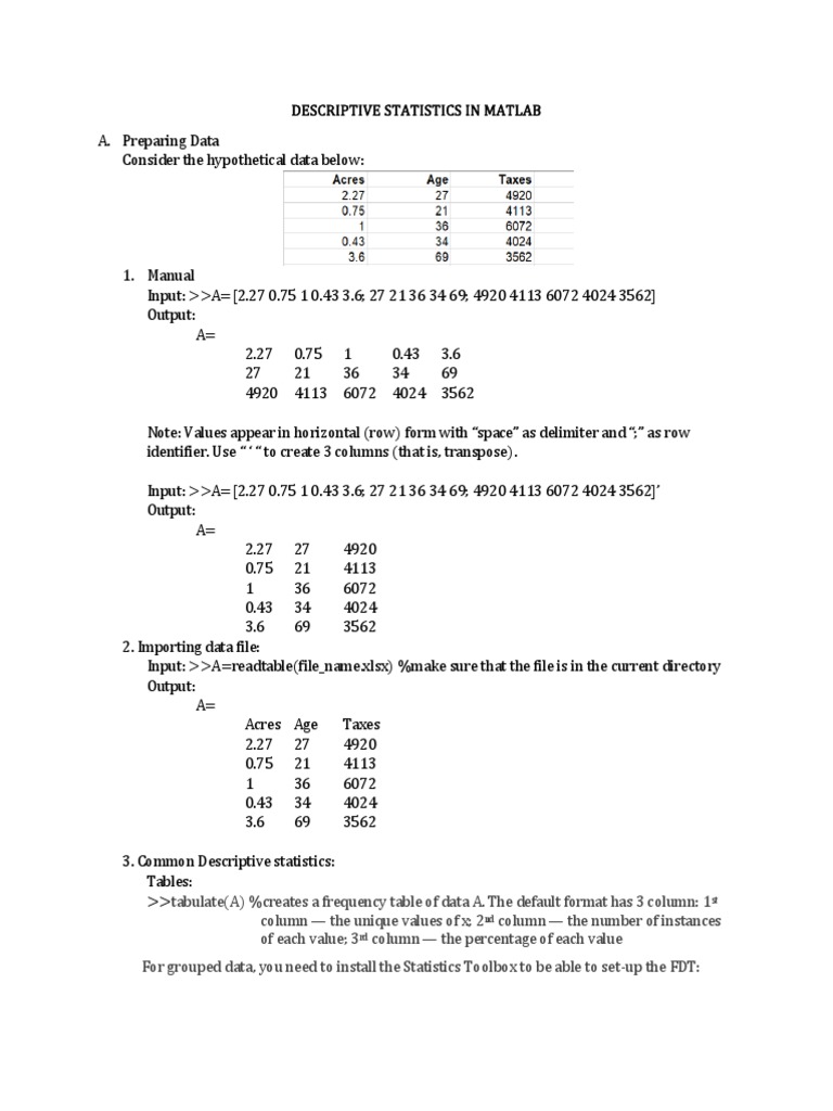 Descriptive Statistics in Matlab | PDF | Data Analysis | Statistics