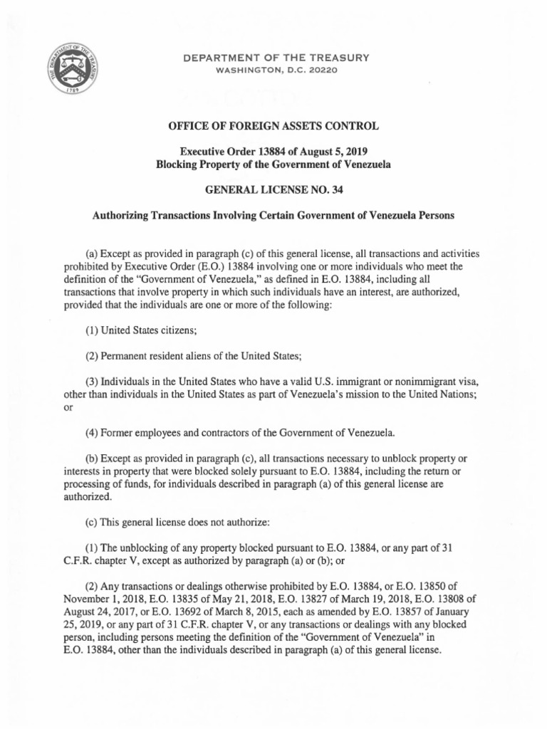 General License 34: Venezuela Transactions | PDF | Office Of Foreign ...