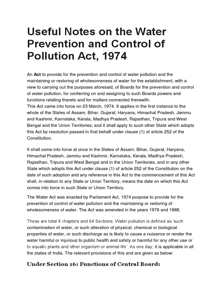 Useful Notes On The Water Prevention and Control of Pollution Act, 1974 ...