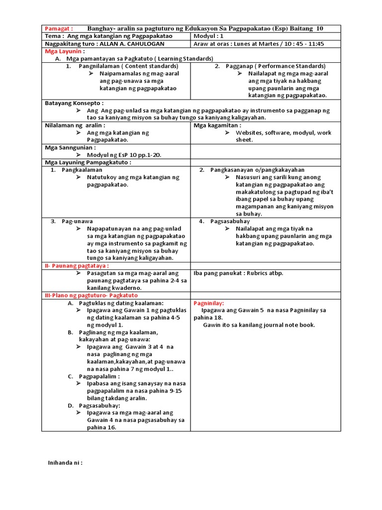 EsP 10 - Modyul 1 DLL | PDF