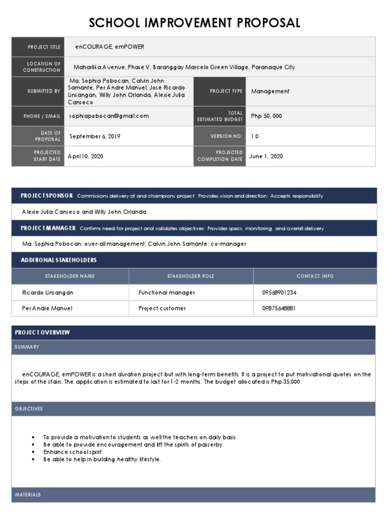 School Improvement Proposal: Project Sponsor | PDF | Business