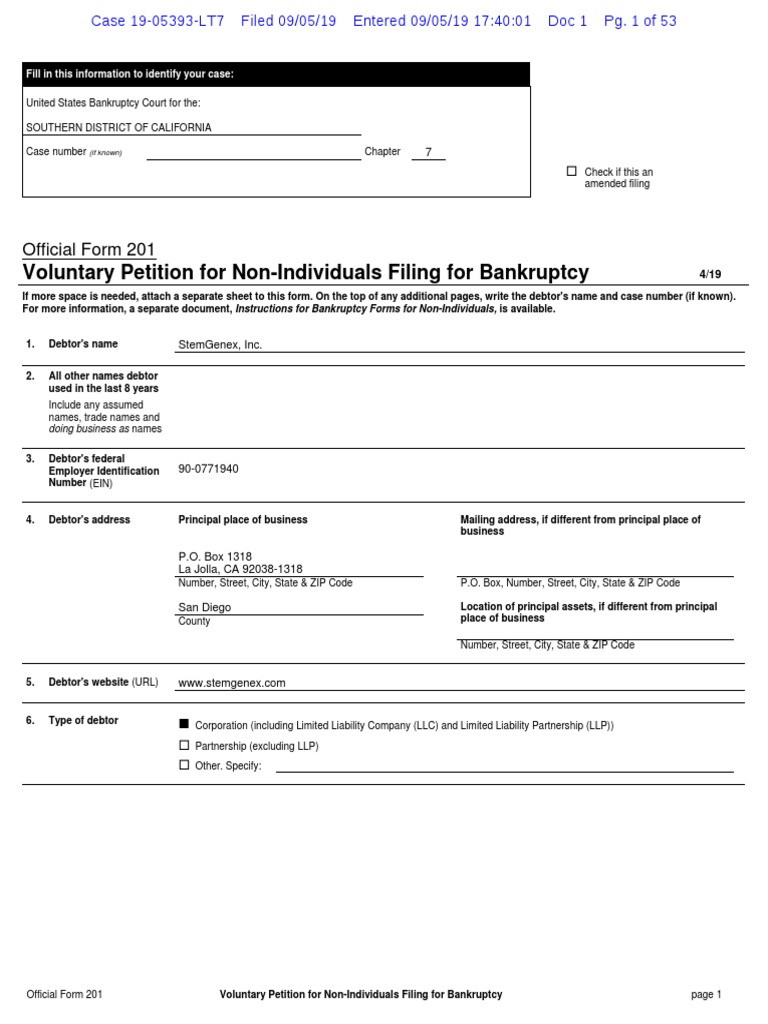 StemGenex Files For Bankruptcy | PDF | Chapter 11 | Bankruptcy