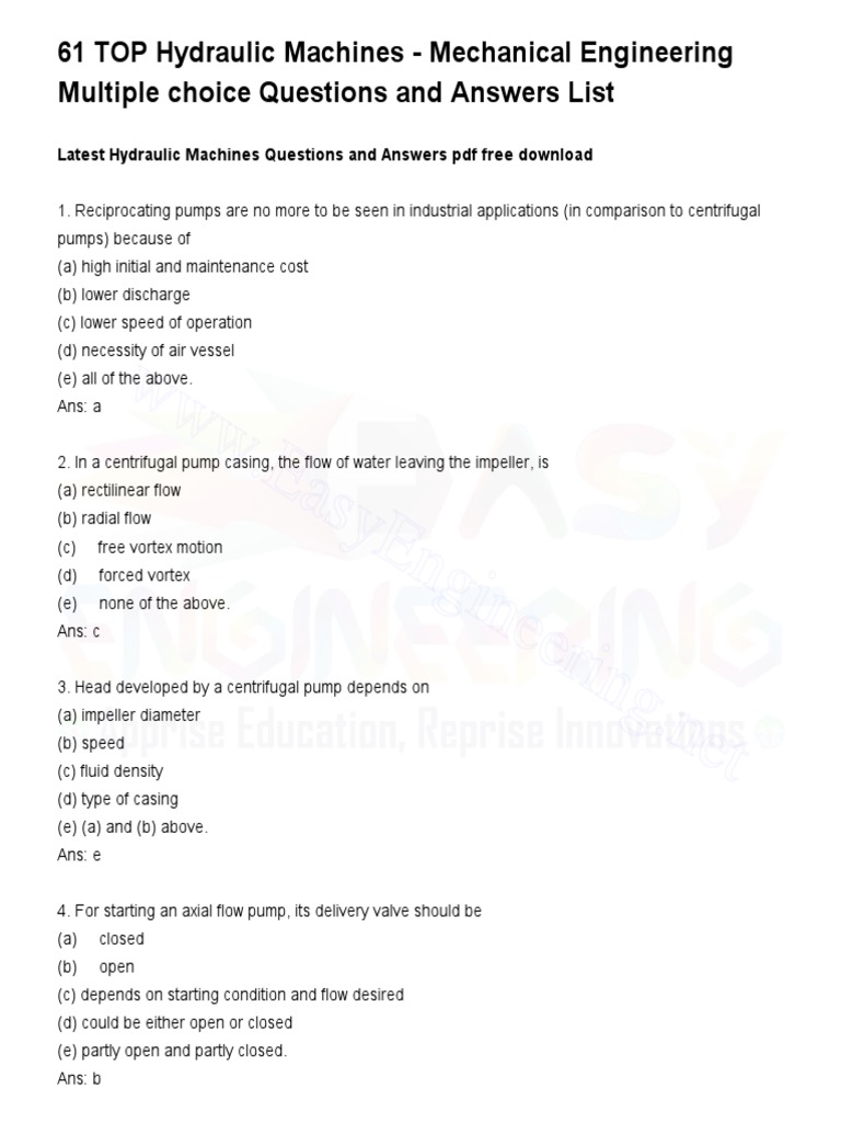 Hydraulic Machines MCQs PDF | PDF | Turbine | Pump
