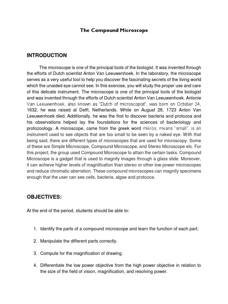 The Compound Microscope Pdf Microscope Microscopy