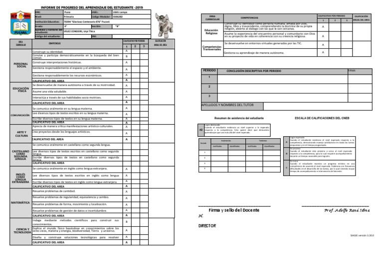 Boleta de Notas Primaria Ultima 2019 | PDF | Segundo lenguaje | Aprendizaje