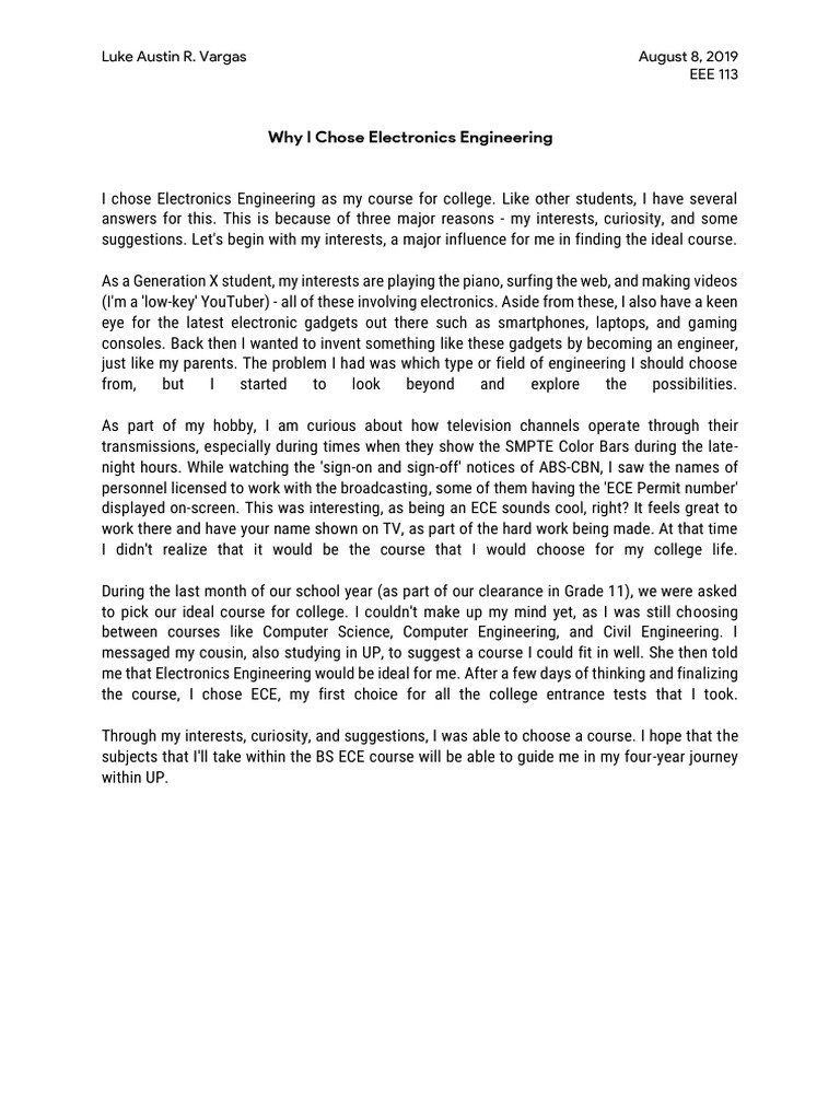 Why I Chose Electronics Engineering | PDF | Electrical Engineering ...