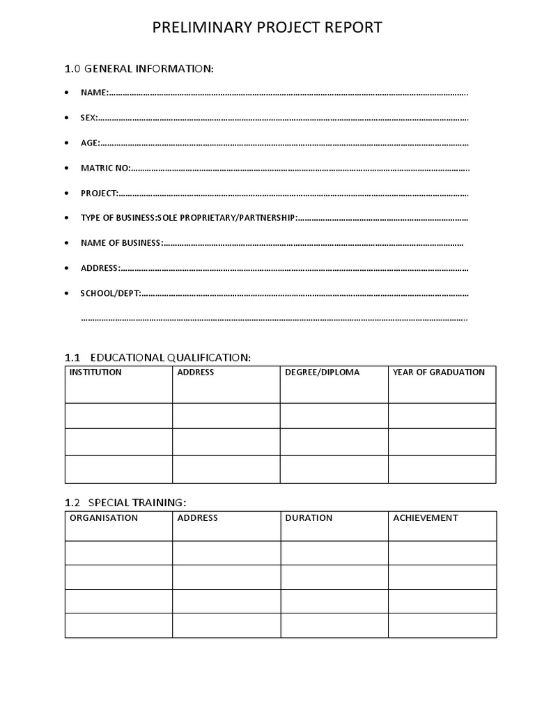 Preliminary Project Report: 1.0 General Information | PDF