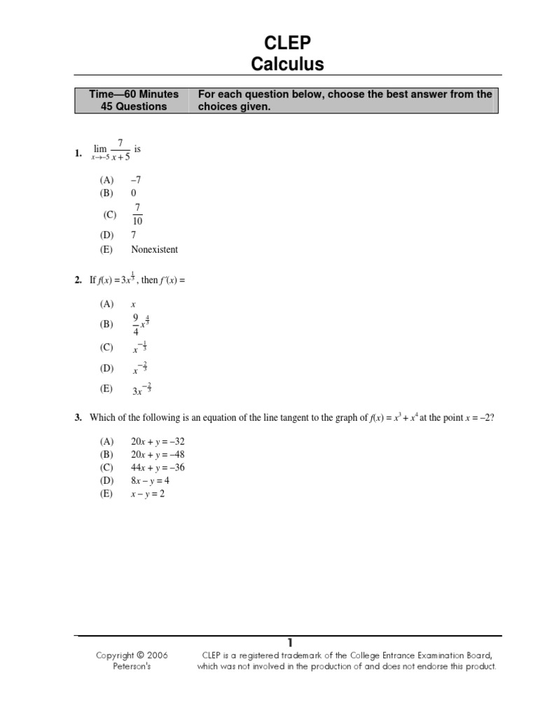 Clep Calculus: Time-60 Minutes 45 Questions For Each Question Below ...