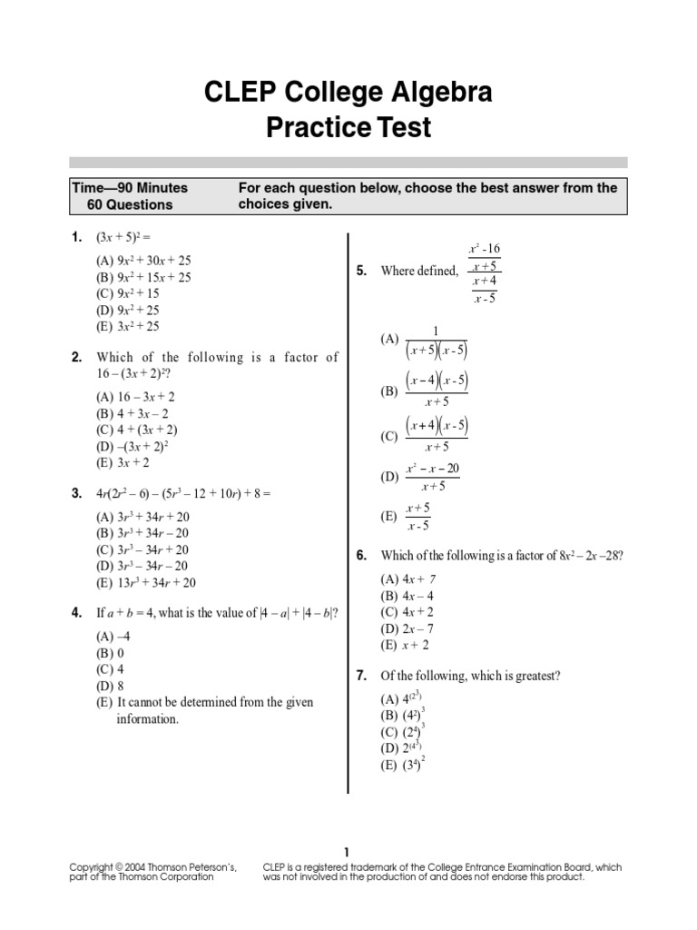CLEP College Algebra Practice Test | PDF