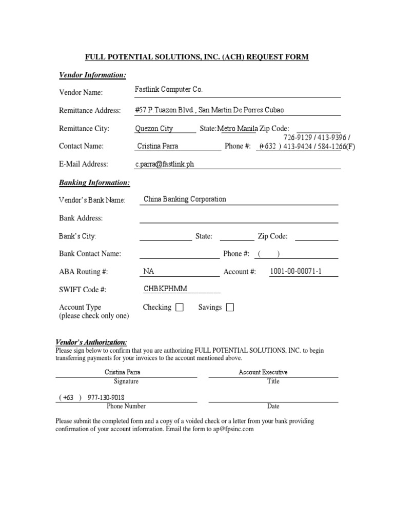 ACH Wire Request Form From Vendors | PDF | Banking | Financial Services