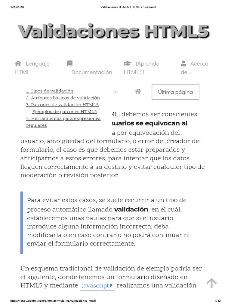 Validaciones HTML5 - HTML en Español PDF | PDF | Expresión regular | Red mundial