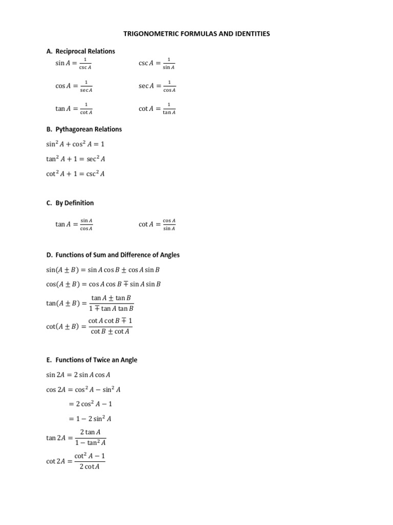 Trigonometric Formulas Identities | PDF