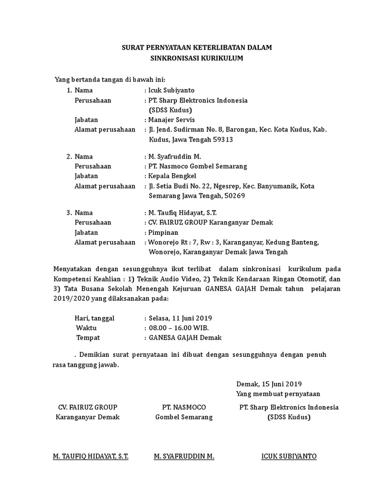 Surat Pernyataan Keterlibatan Dalam Sinkronisasi Kurikulum | PDF Surat Pernyataan Keterlibatan Dalam Sinkronisasi Kurikulum | PDF