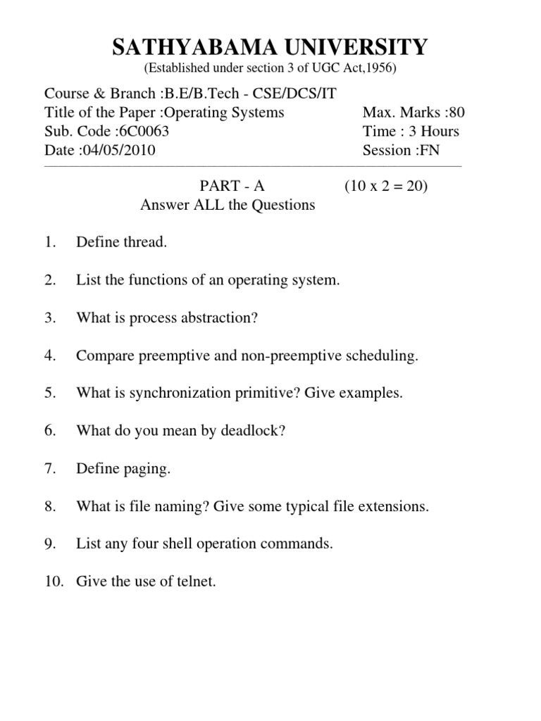 (WWW - Entrance-Exam - Net) - Sathyabama University-B.tech in IT 4th Sem-Operating Systems ...