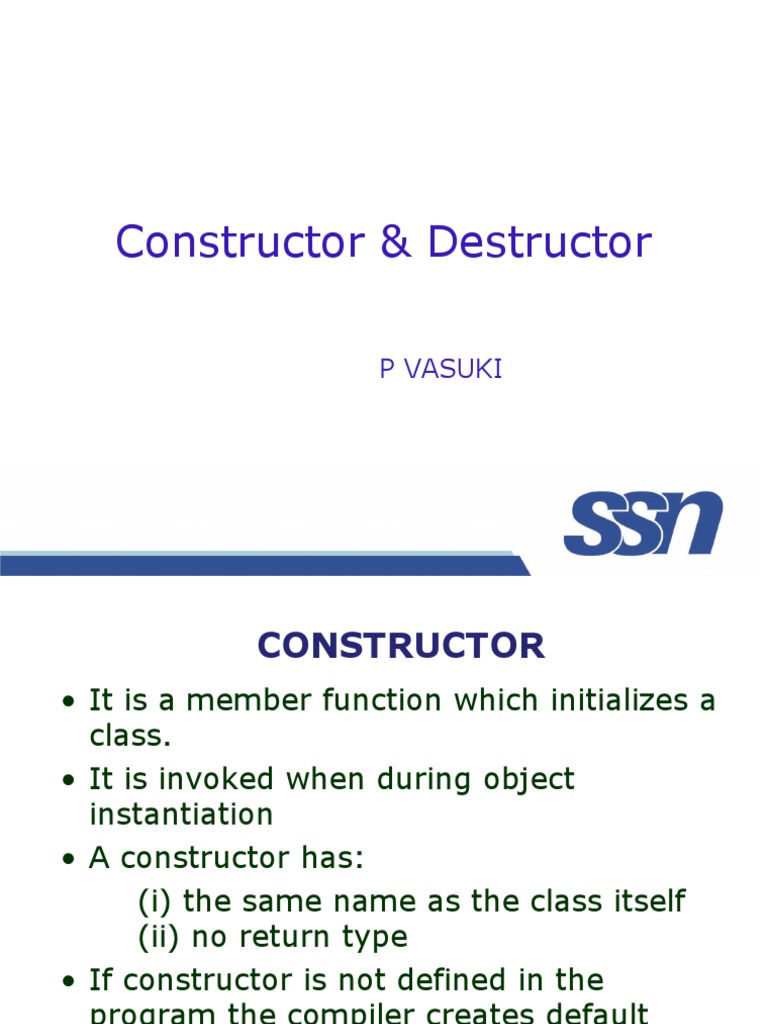 Constructor & Destructor: P Vasuki | PDF | Constructor (Object Oriented Programming) | Programming