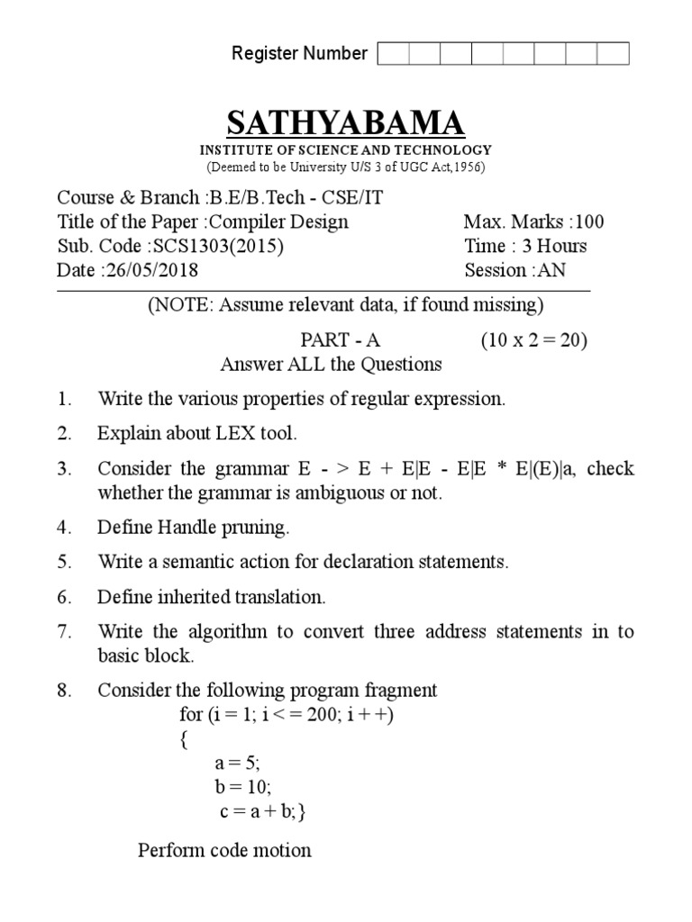Sathyabama: Register Number | PDF | Compiler | Parsing