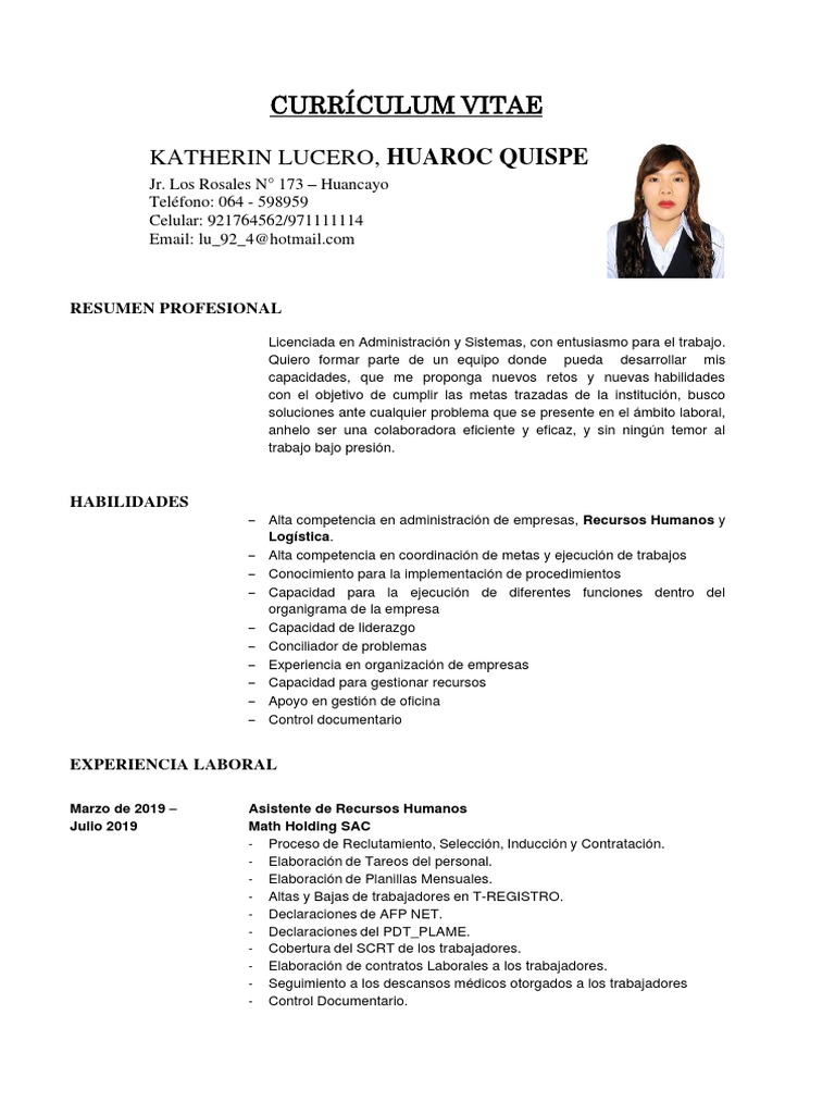 Lucero Huaroc CV | PDF | Gestión de recursos humanos | Perú