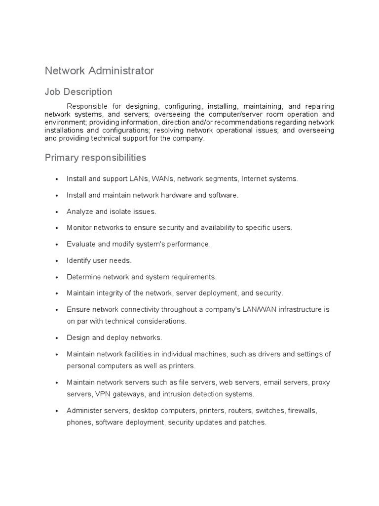 Network Administrator: Job Description | PDF
