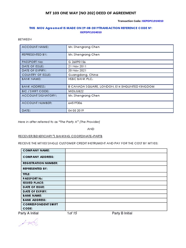 MT 103 One Way Agreement Overview | PDF | Payments | Wire Transfer