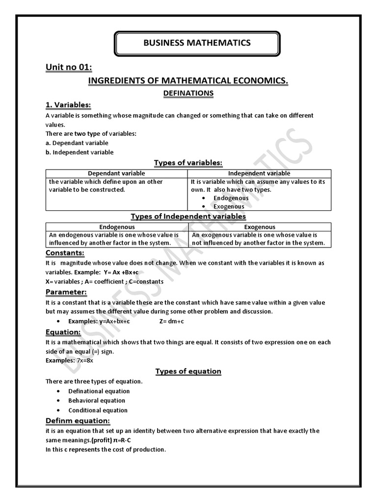 Business Mathematics: Definations 1. Variables | PDF | Variable (Mathematics) | Endogeneity ...