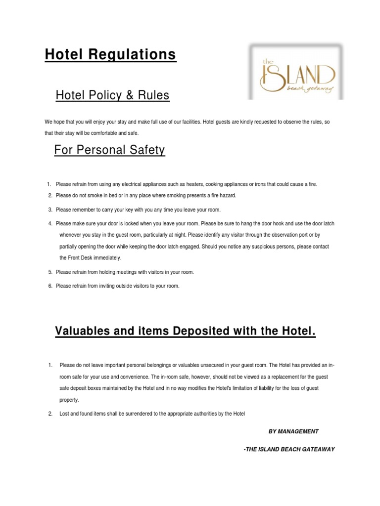 Hotel Room Safety and Regulations | PDF