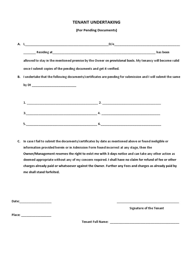 Tenant Undertaking for Pending Documents | PDF