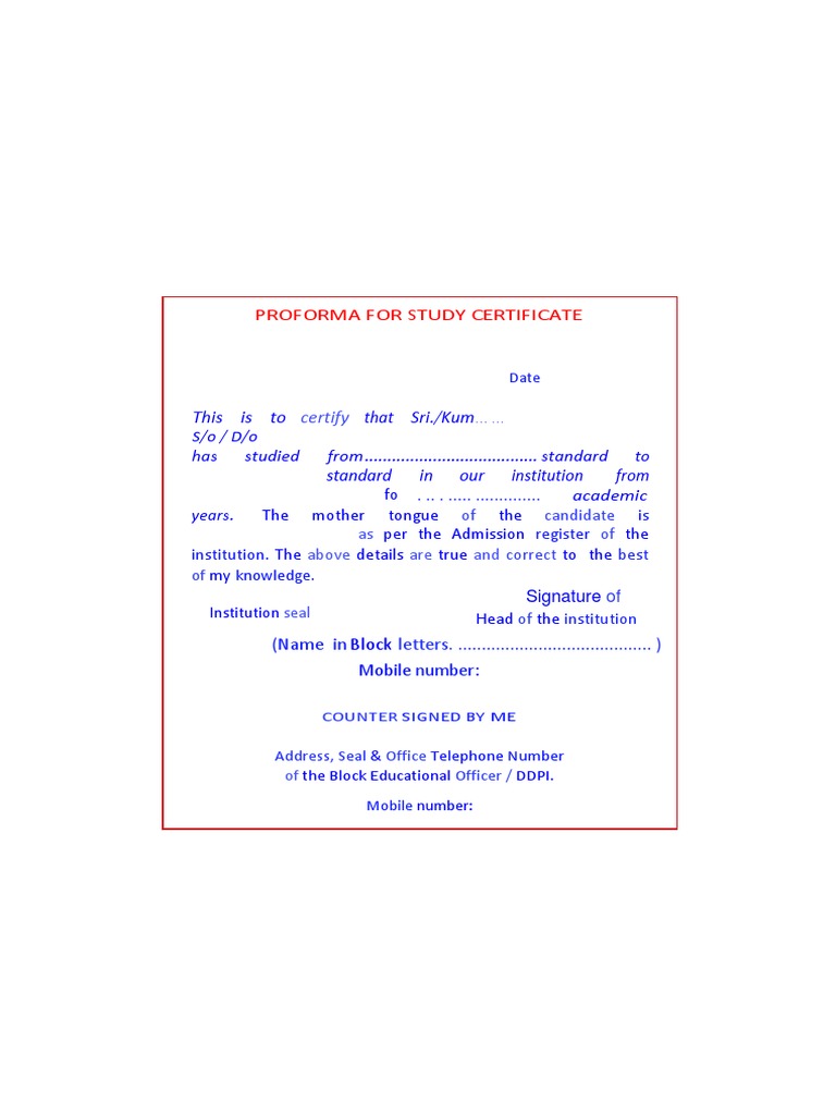 Sri. Kum That This Is To: Proforma For Study Certificate | PDF | Computing And Information ...