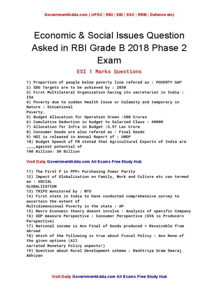 ESI Question Paper of RBI Grade B 2018 Phase 2 | PDF | Poverty ...