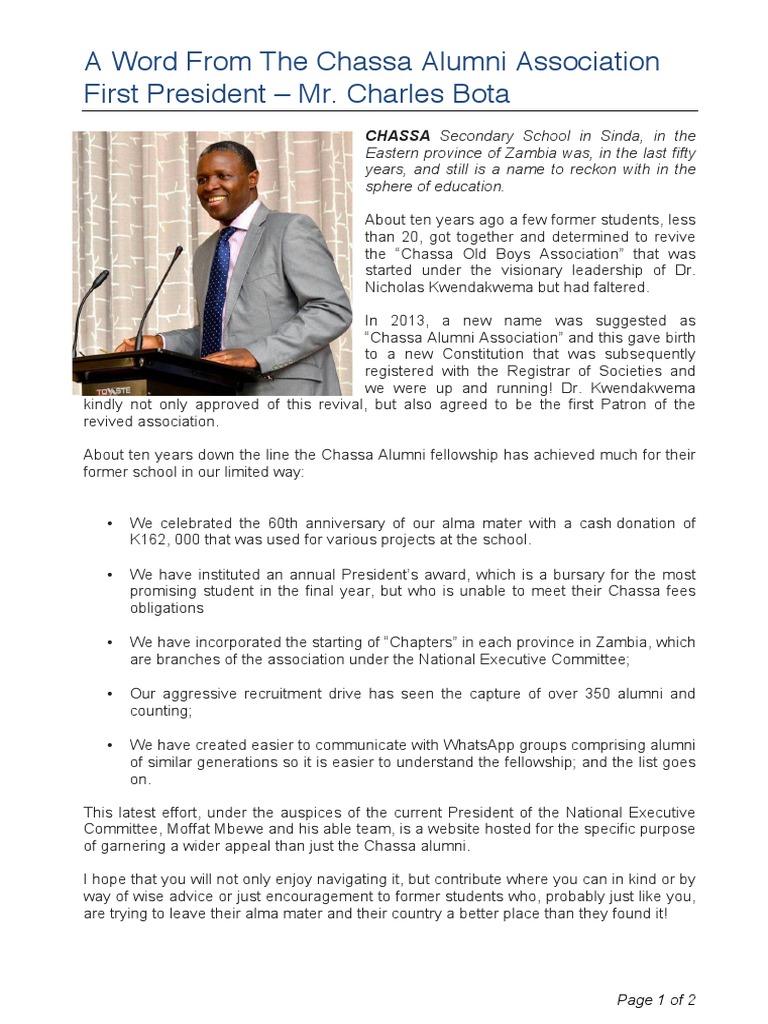 A Word From The Chassa Alumni Association First President - Mr. Charles ...