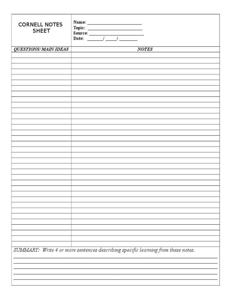 Cornell Notes Template for Students | PDF | Career & Growth