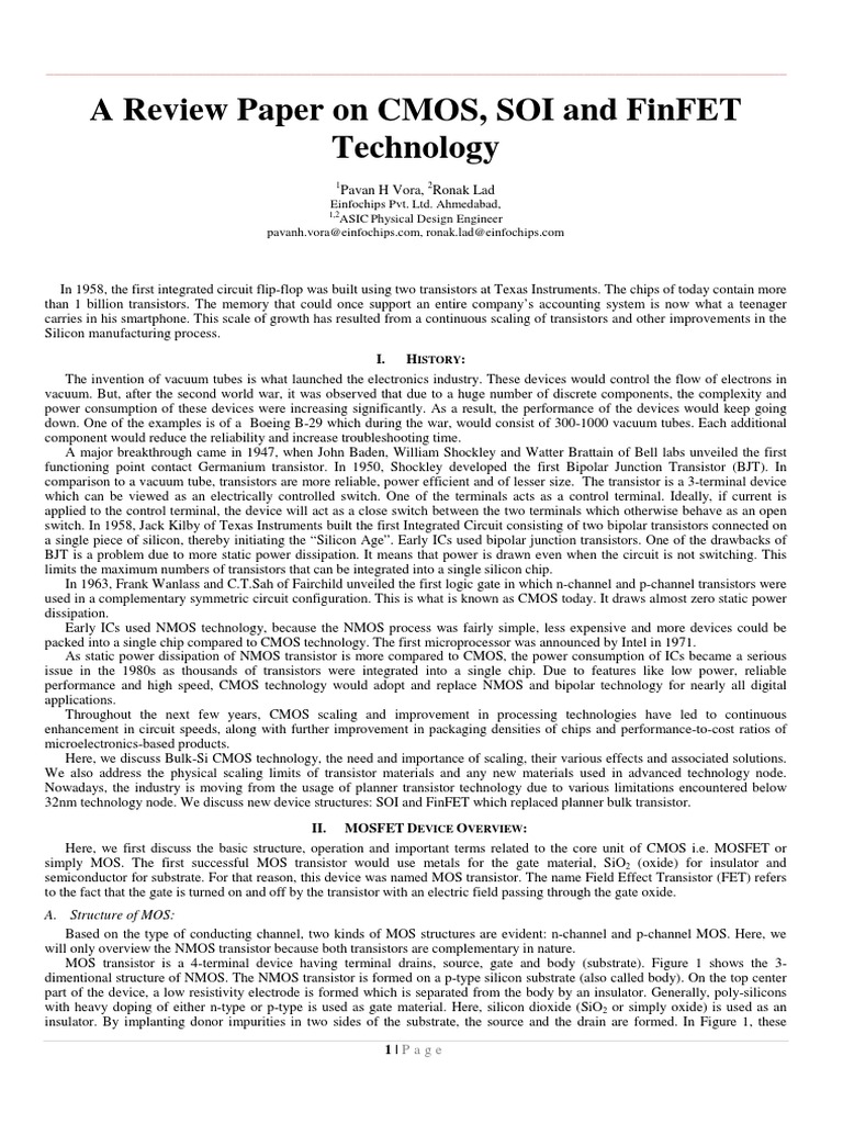 A Review Paper On Cmos, Soi and Finfet Technology: Einfochips Pvt. Ltd ...