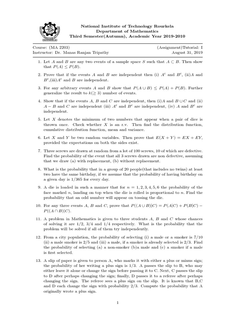 MA2203 (Assignment I) 2019 | PDF | Odds | Probability Distribution