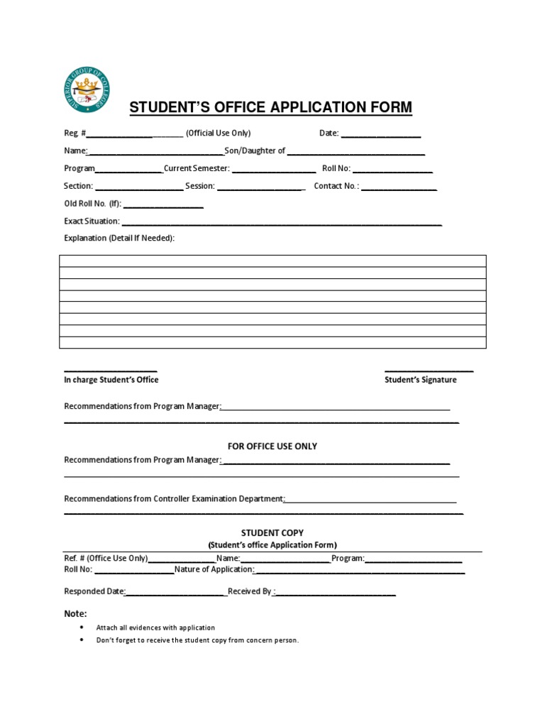 Student 'S Office Application Form: For Office Use Only | PDF