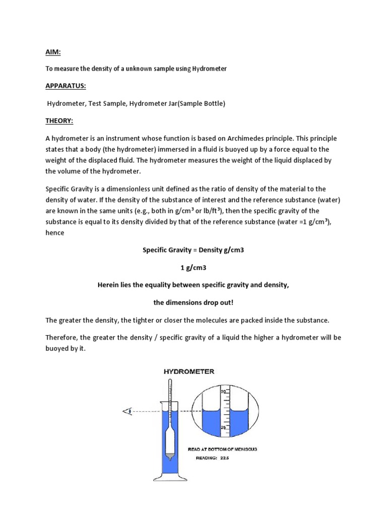 To Measure The Density of A Unknown Sample Using Hydrometer | PDF