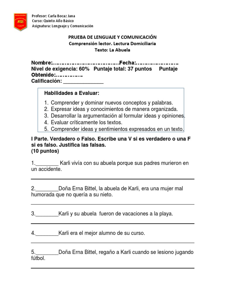 Prueba de Lenguaje: La Abuela 5to Básico | PDF