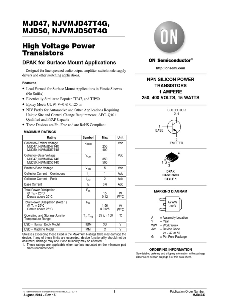 MJD47, NJVMJD47T4G, MJD50, NJVMJD50T4G High Voltage Power Transistors | PDF | Electronic ...
