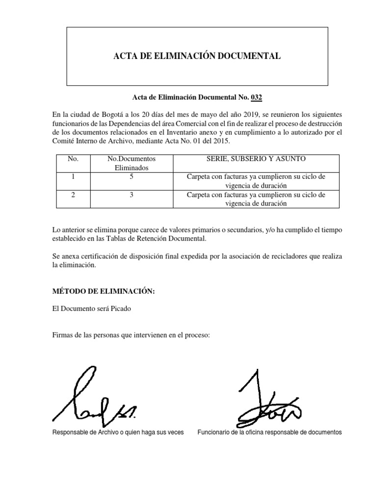 Acta de Eliminación 1 | PDF